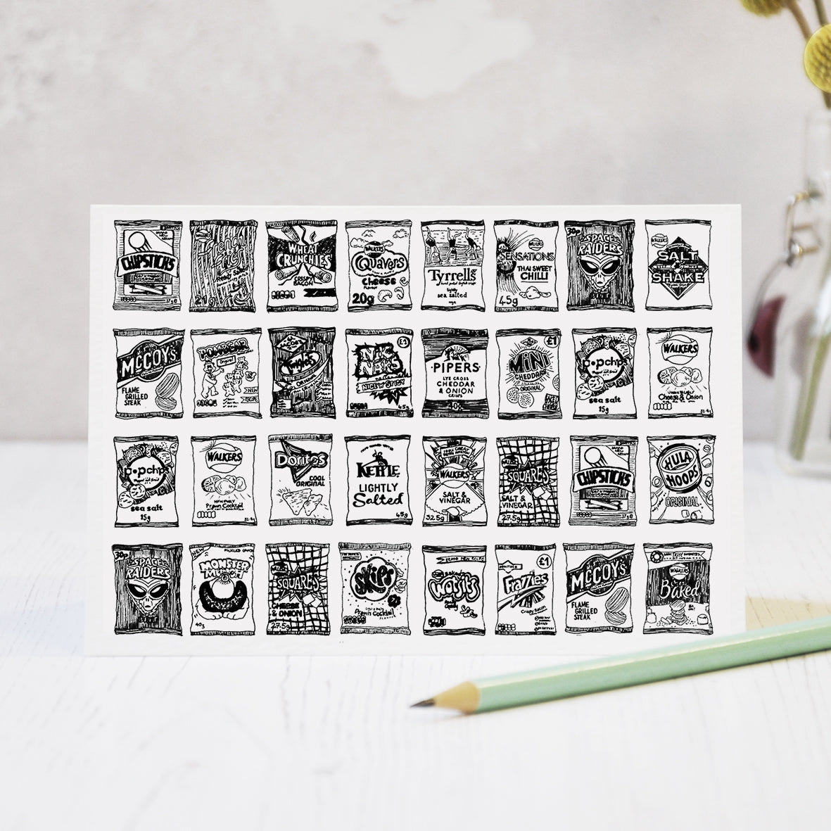 Crisps illustrated black and white blank greeting card – Martha ...